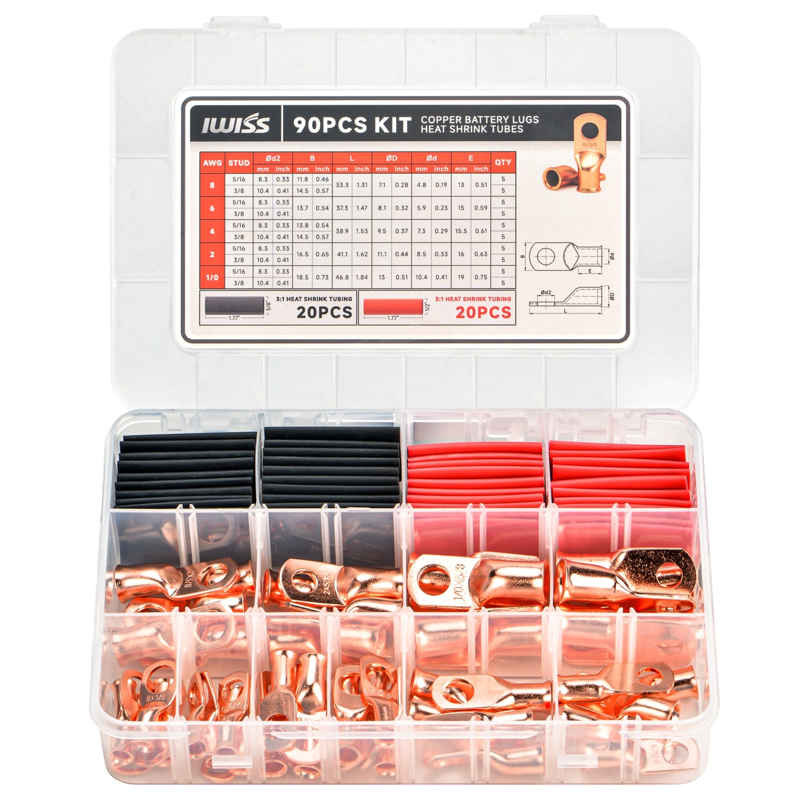 KIT-90C Copper Battery Lugs Assortment Cable Lugs w/Heat Shrink Tubes ...