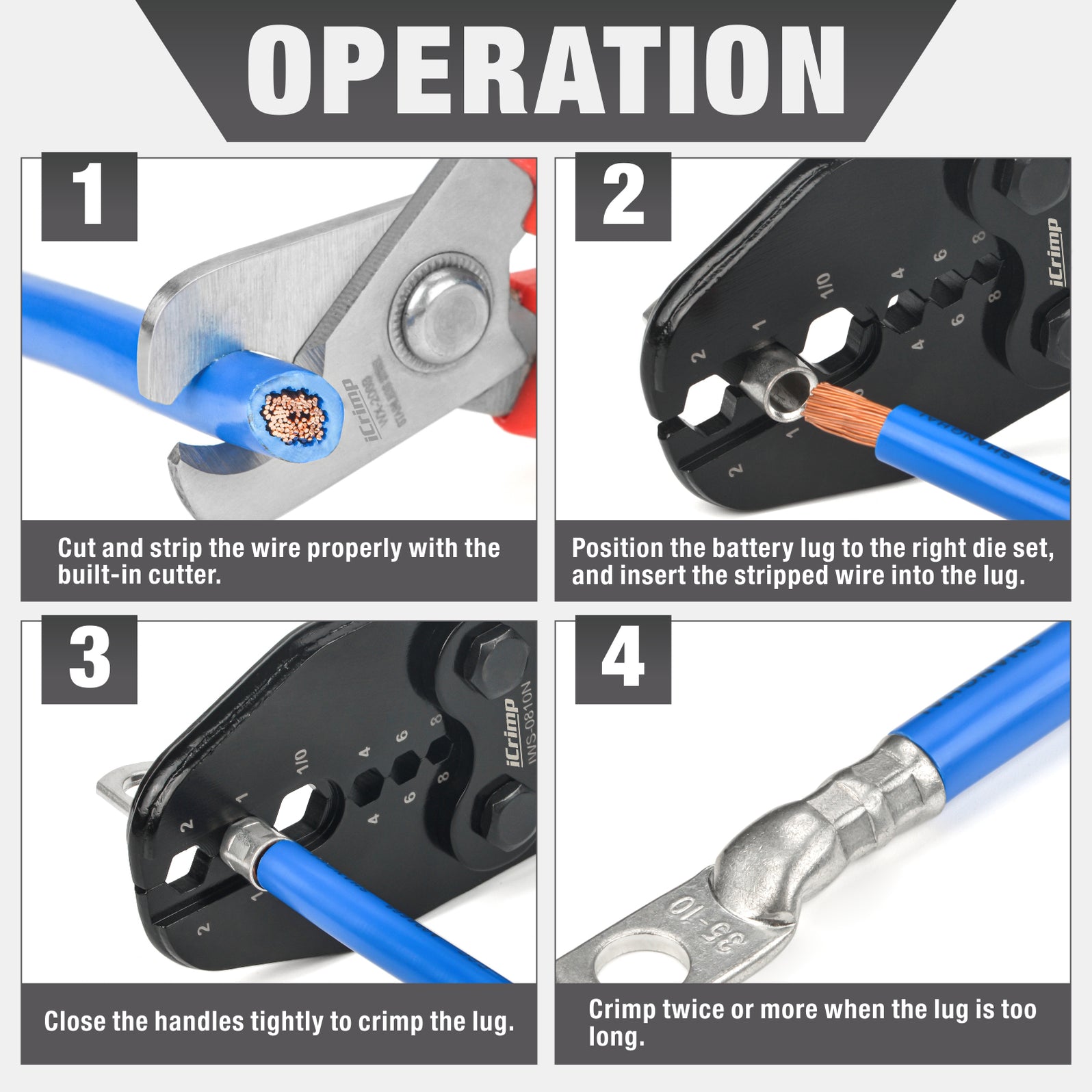 Battery Cable Terminal Lug Crimping Tool for 8-1/0 AWG Electrical ...